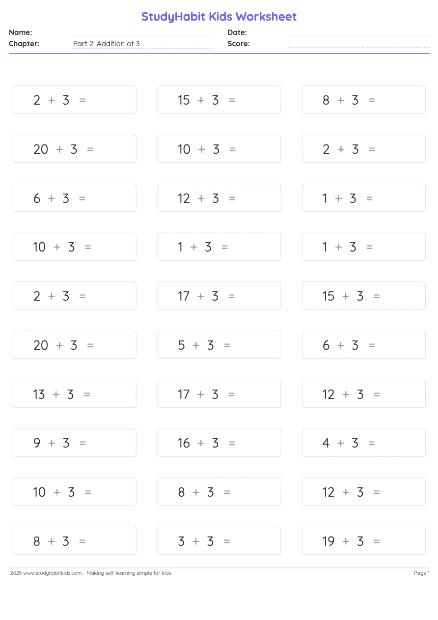 First Grade Addition Addition of 3 with numbers upto 20 worksheet ...