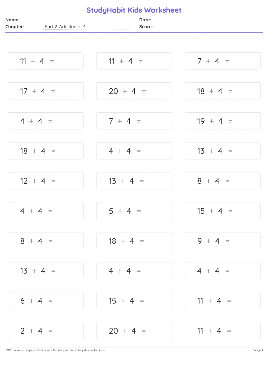 First Grade Addition Addition of 4 with numbers upto 20 worksheet ...