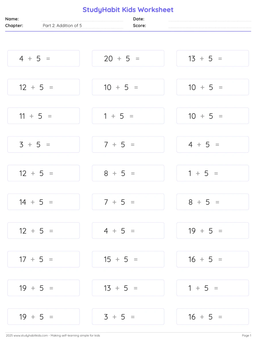 First Grade Addition Addition of 5 with numbers upto 20 worksheet ...