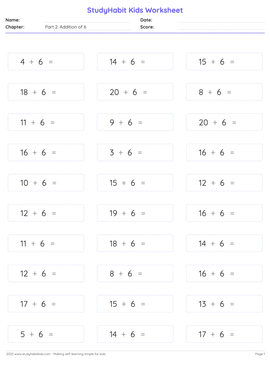 First Grade Addition Addition of 6 with numbers upto 20 worksheet ...
