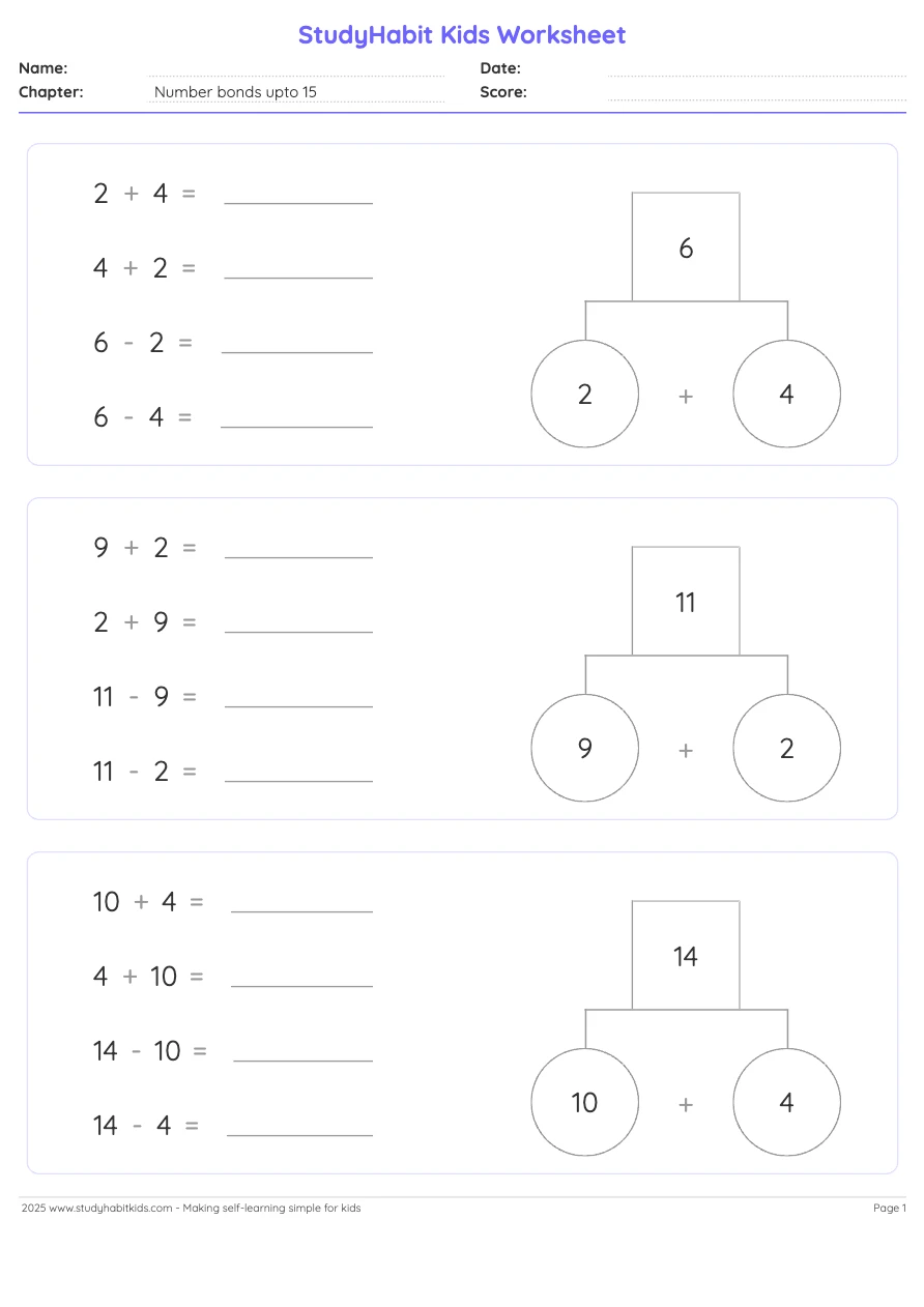 First Grade Addition Number bonds upto 15 worksheet preview - Free ...