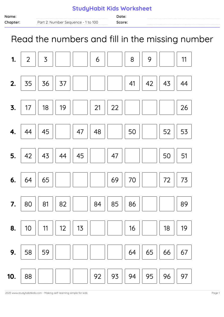 First Grade Number Sequence Read the numbers and fill in the missing ...