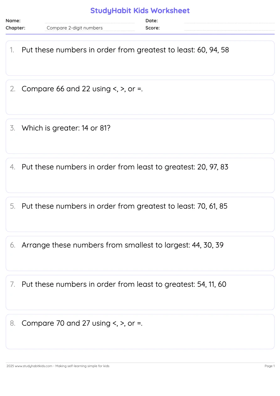 First Grade Place Value Compare 2-digit numbers worksheet preview ...