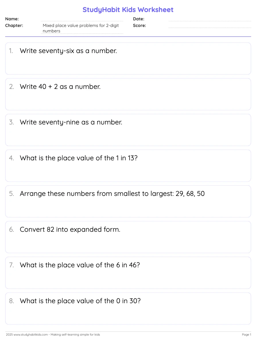 First Grade Place Value Mixed place value problems for 2-digit numbers ...