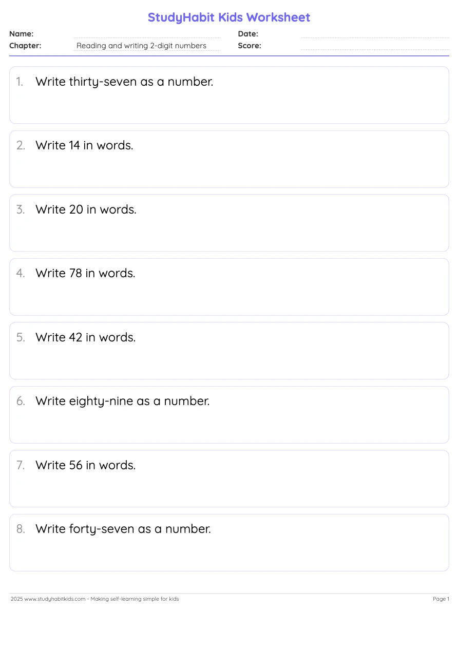 First Grade Place Value Reading and writing 2-digit numbers worksheet ...