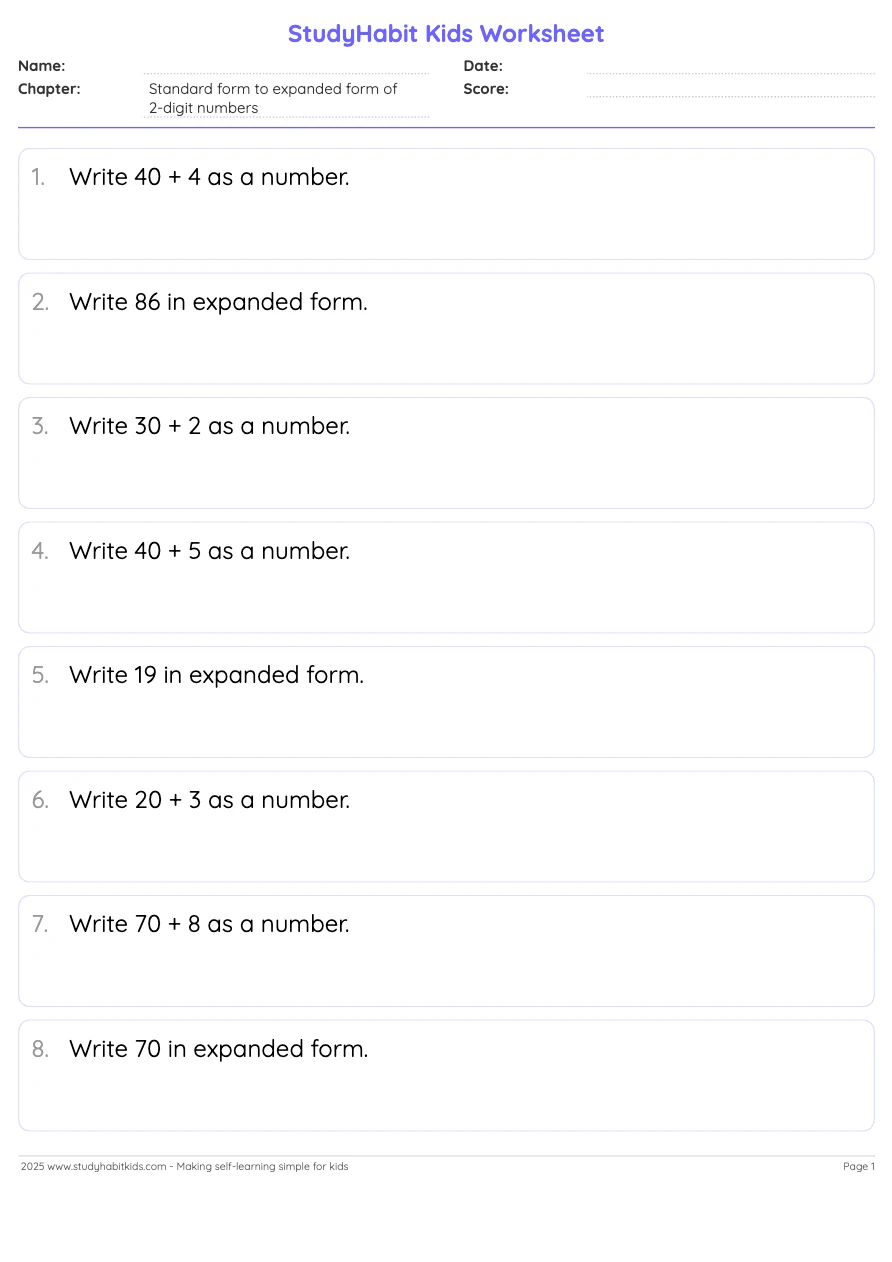 First Grade Place Value Standard form to expanded form of 2-digit ...
