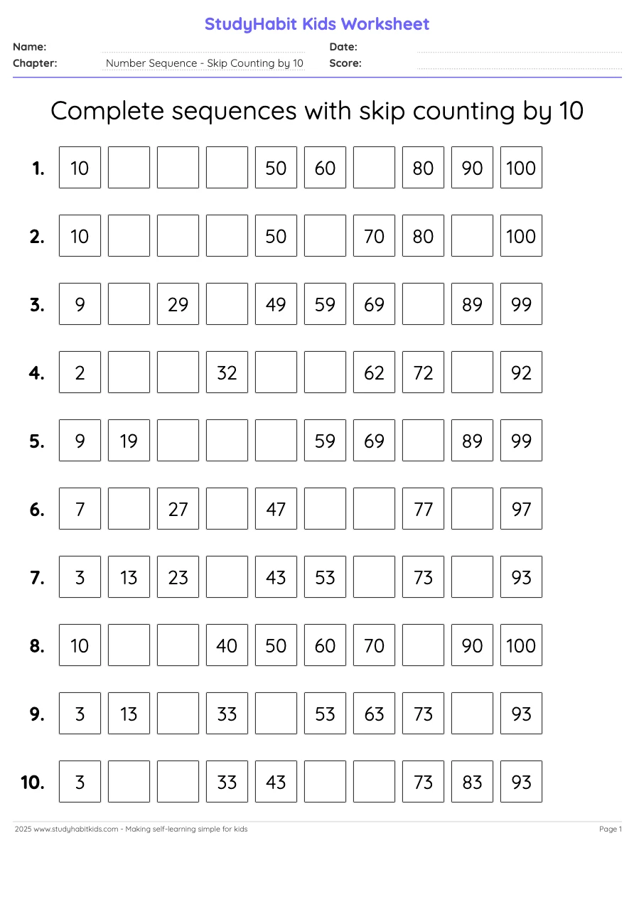 First Grade Skip Counting Complete sequences with skip counting by 10 ...