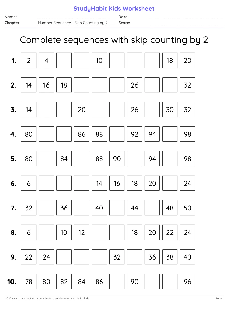 First Grade Skip Counting Complete sequences with skip counting by 2 worksheet preview - Free ...