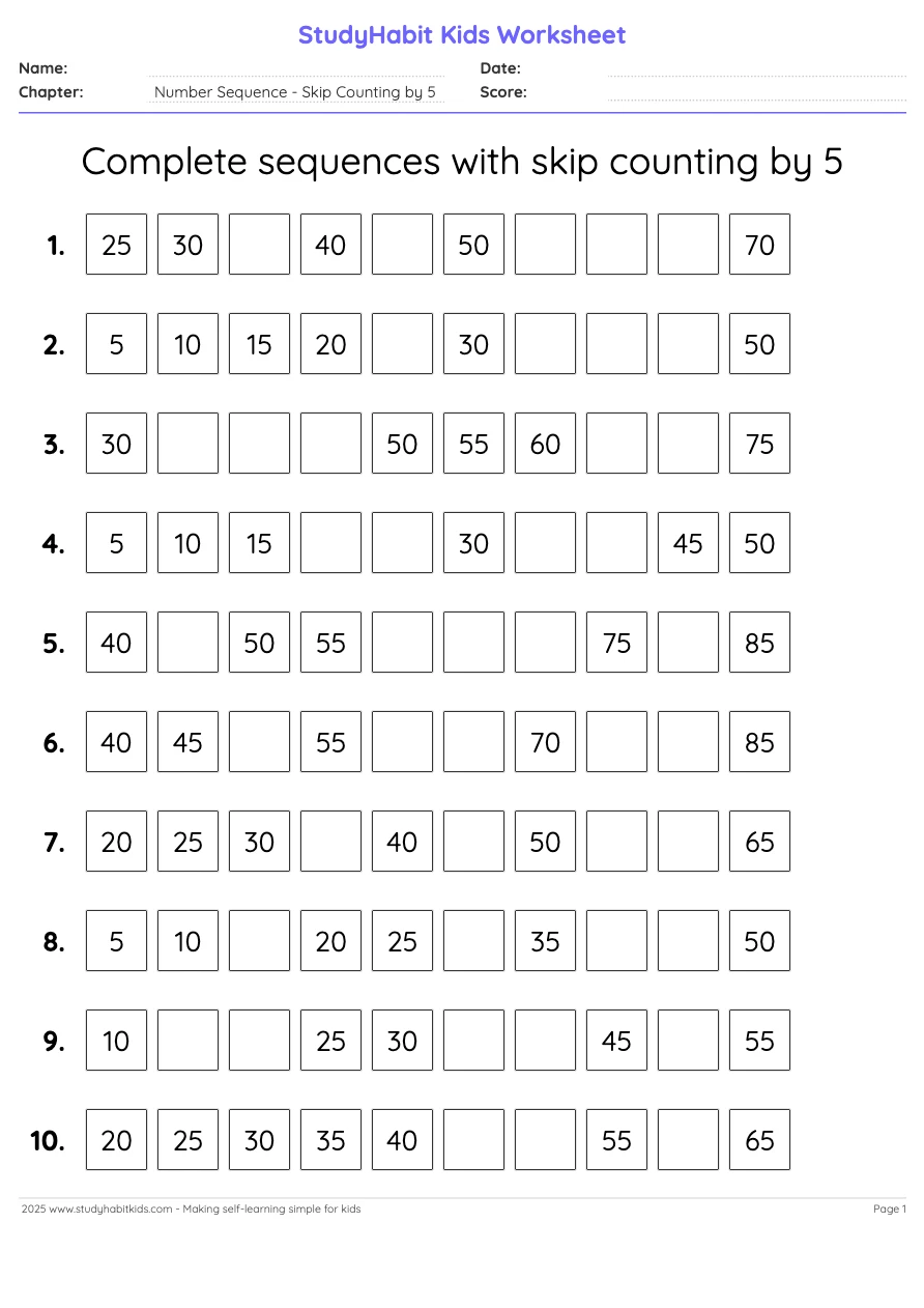 First Grade Skip Counting Complete sequences with skip counting by 5 ...