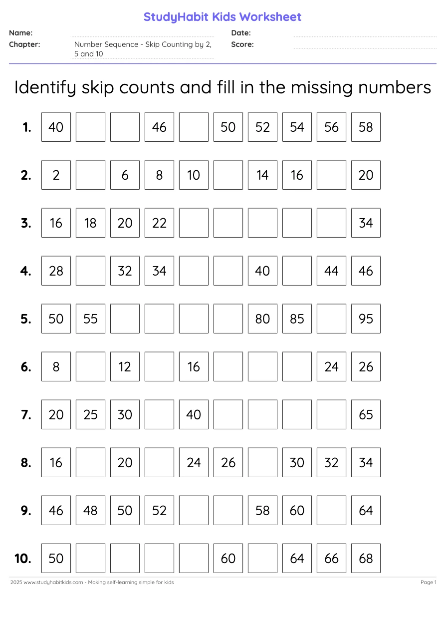 First Grade Skip Counting Identify skip counts and fill in the missing numbers worksheet preview ...