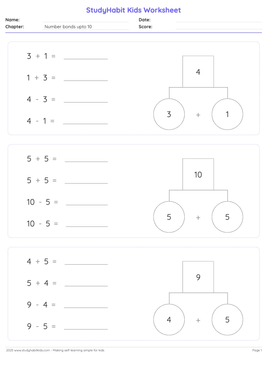 First Grade Subtraction Number bonds upto 10 worksheet preview - Free ...