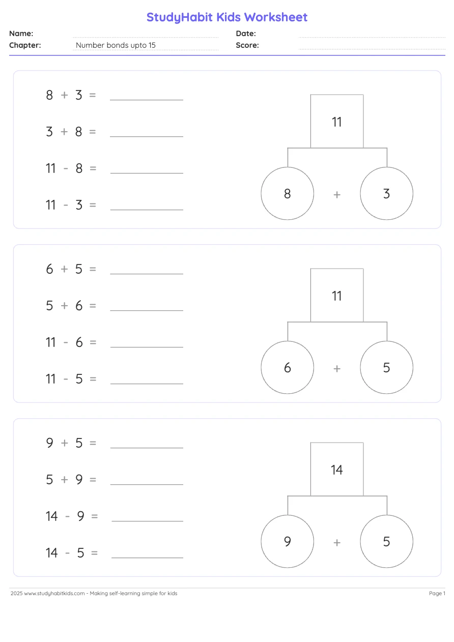 First Grade Subtraction Number bonds upto 15 worksheet preview - Free ...