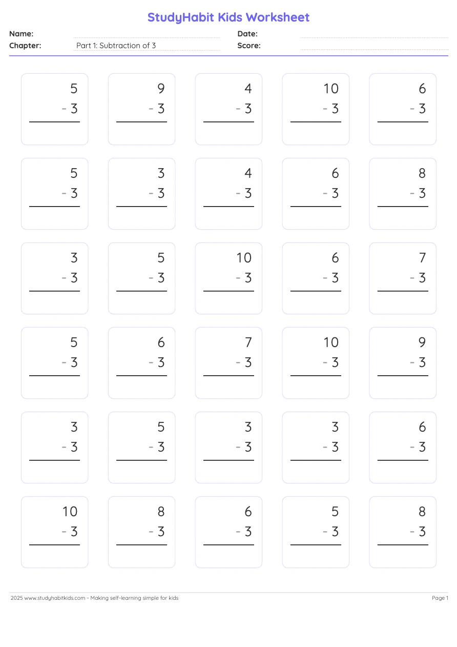 First Grade Subtraction Part 1: Subtraction of 3 worksheet preview ...