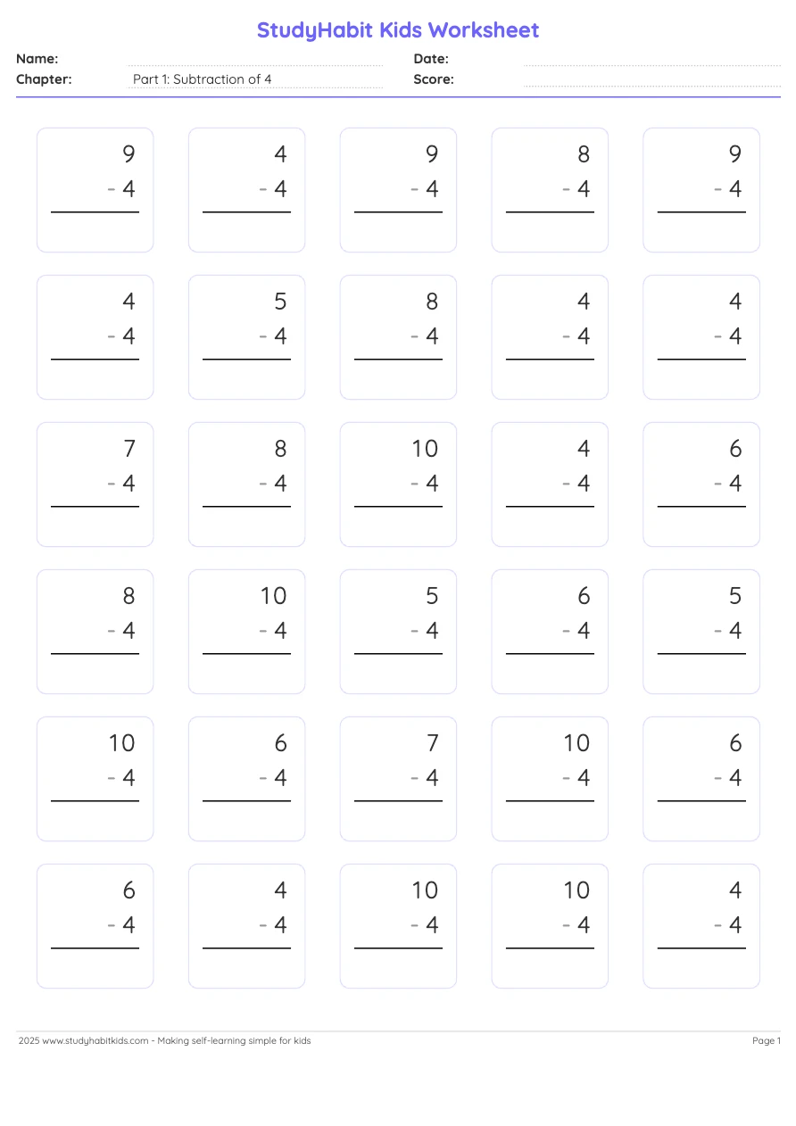 First Grade Subtraction Part 1: Subtraction of 4 worksheet preview ...