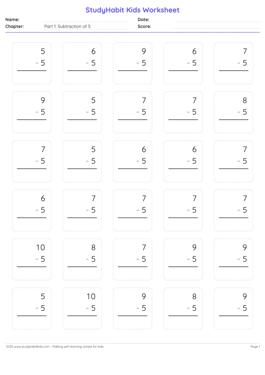 First Grade Subtraction Part 1: Subtraction of 5 worksheet preview ...