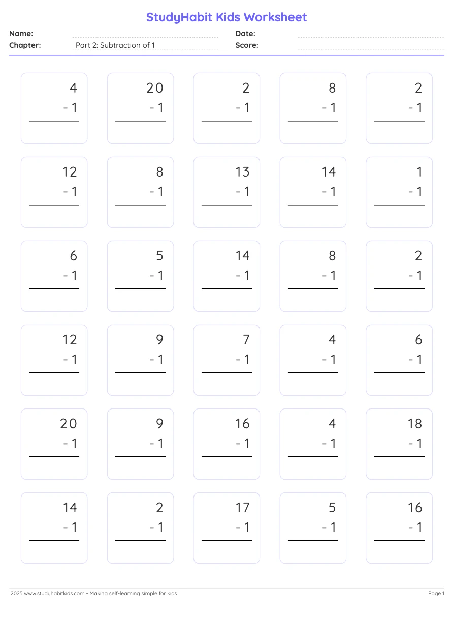 First Grade Subtraction Part 2: Subtraction of 1 worksheet preview ...