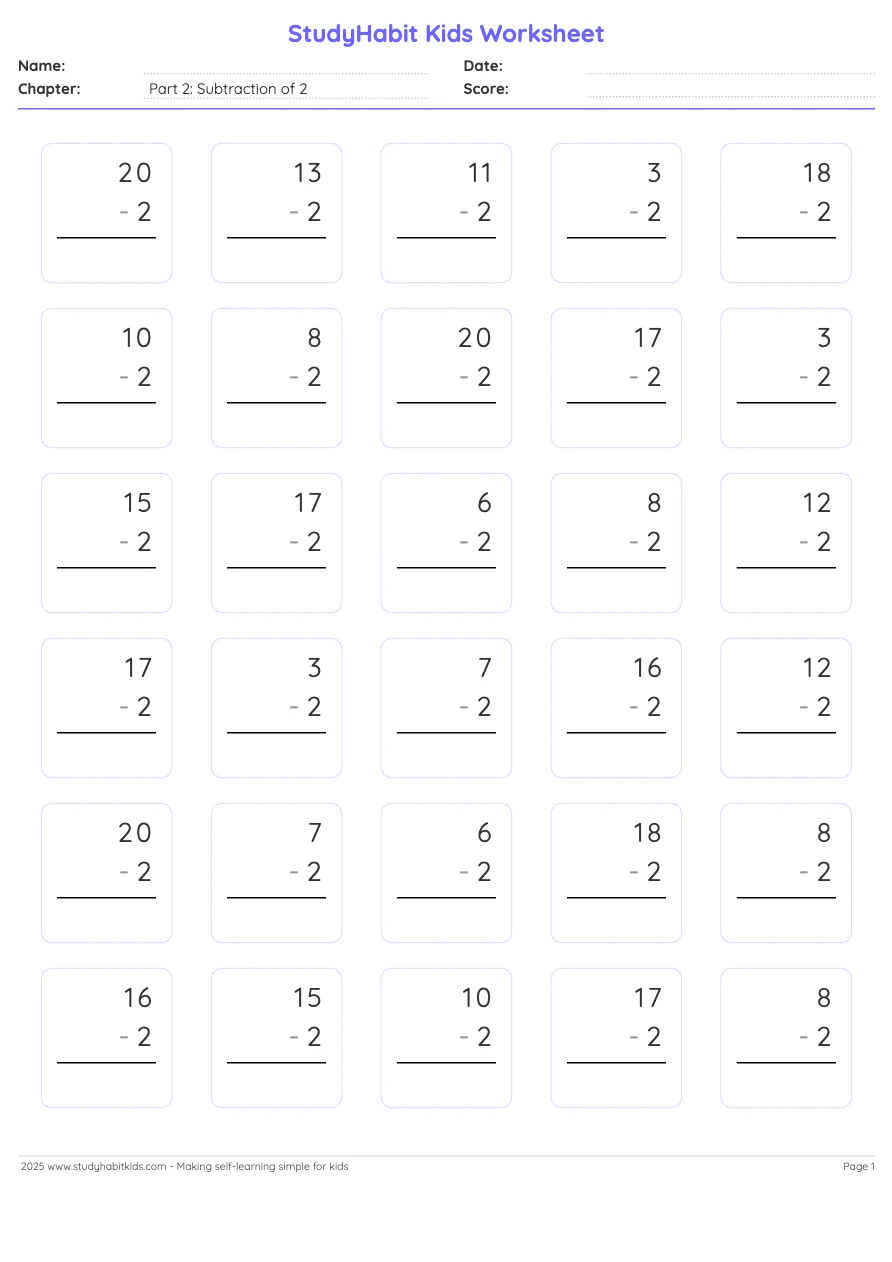 First Grade Subtraction Part 2: Subtraction of 2 worksheet preview ...