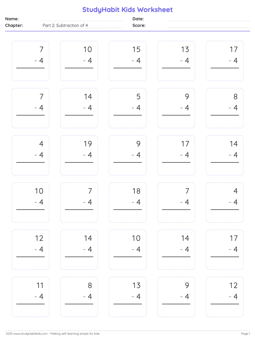 First Grade Subtraction Part 2: Subtraction of 4 worksheet preview ...