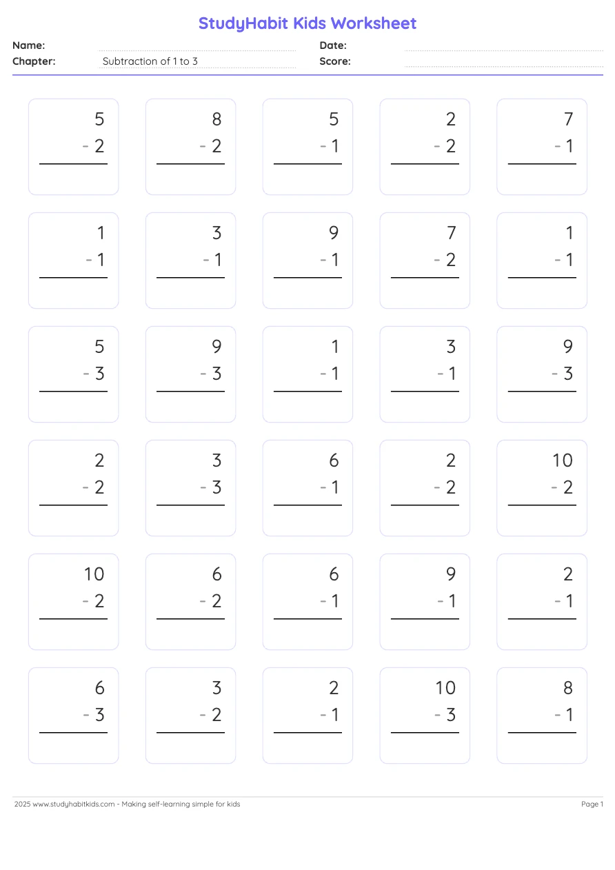 First Grade Subtraction Subtraction of 1 to 3 worksheet preview - Free ...