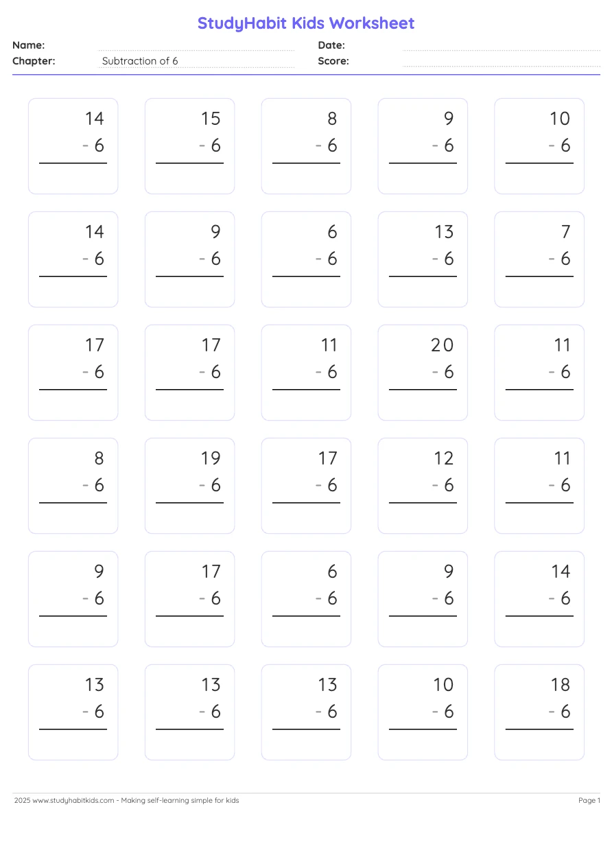 First Grade Subtraction Subtraction of 6 worksheet preview - Free ...