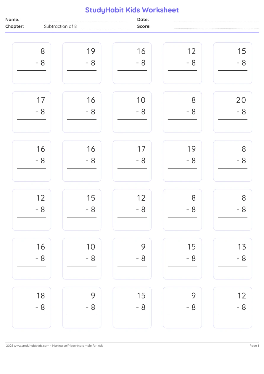 First Grade Subtraction Subtraction of 8 worksheet preview - Free ...