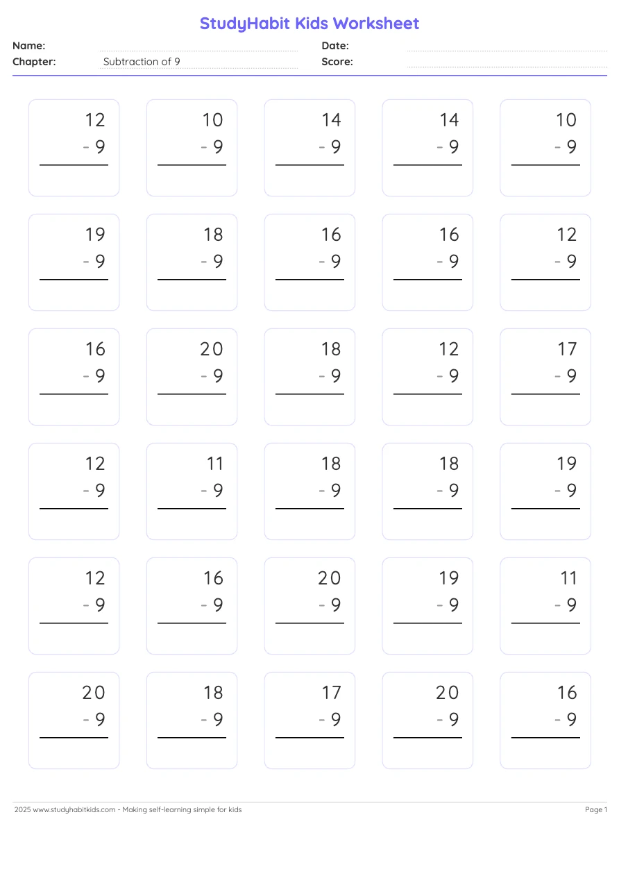 First Grade Subtraction Subtraction of 9 worksheet preview - Free ...