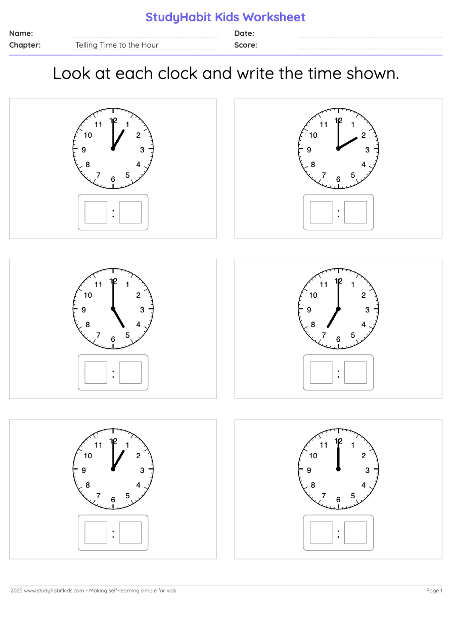 First Grade Time Identify time to the hour using a wall clock worksheet ...