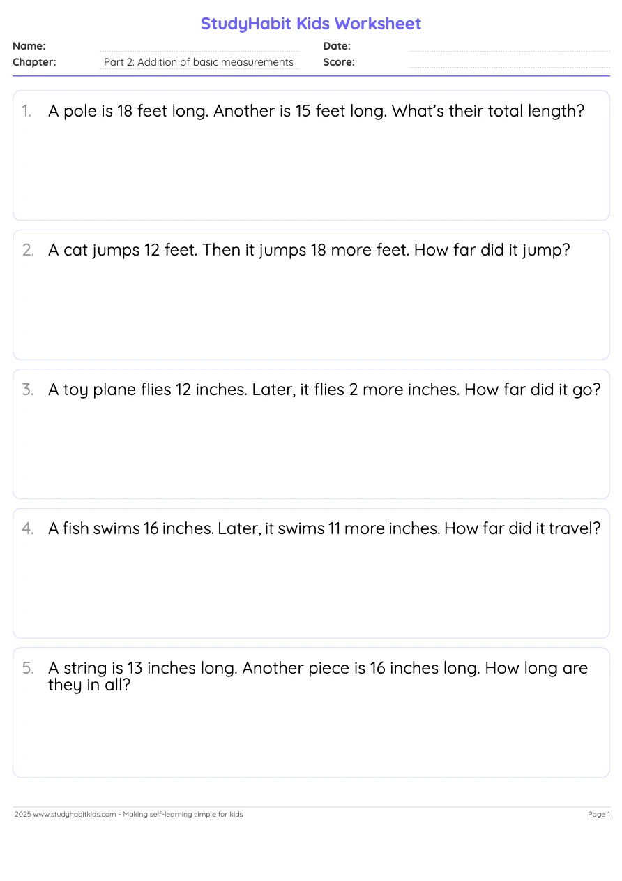 First Grade Word Problems Addition of basic measurements within 20 ...