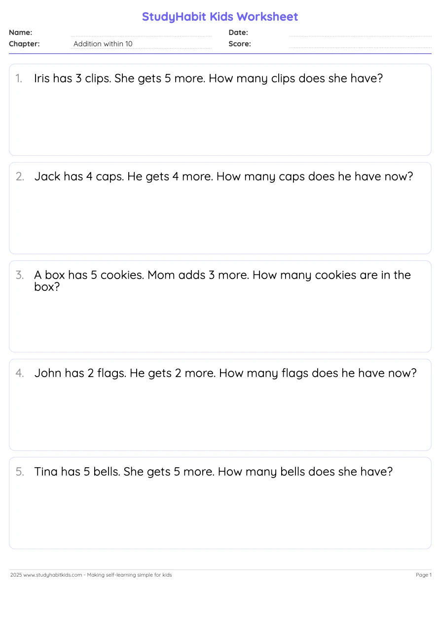 First Grade Word Problems Addition within 10 worksheet preview - Free ...