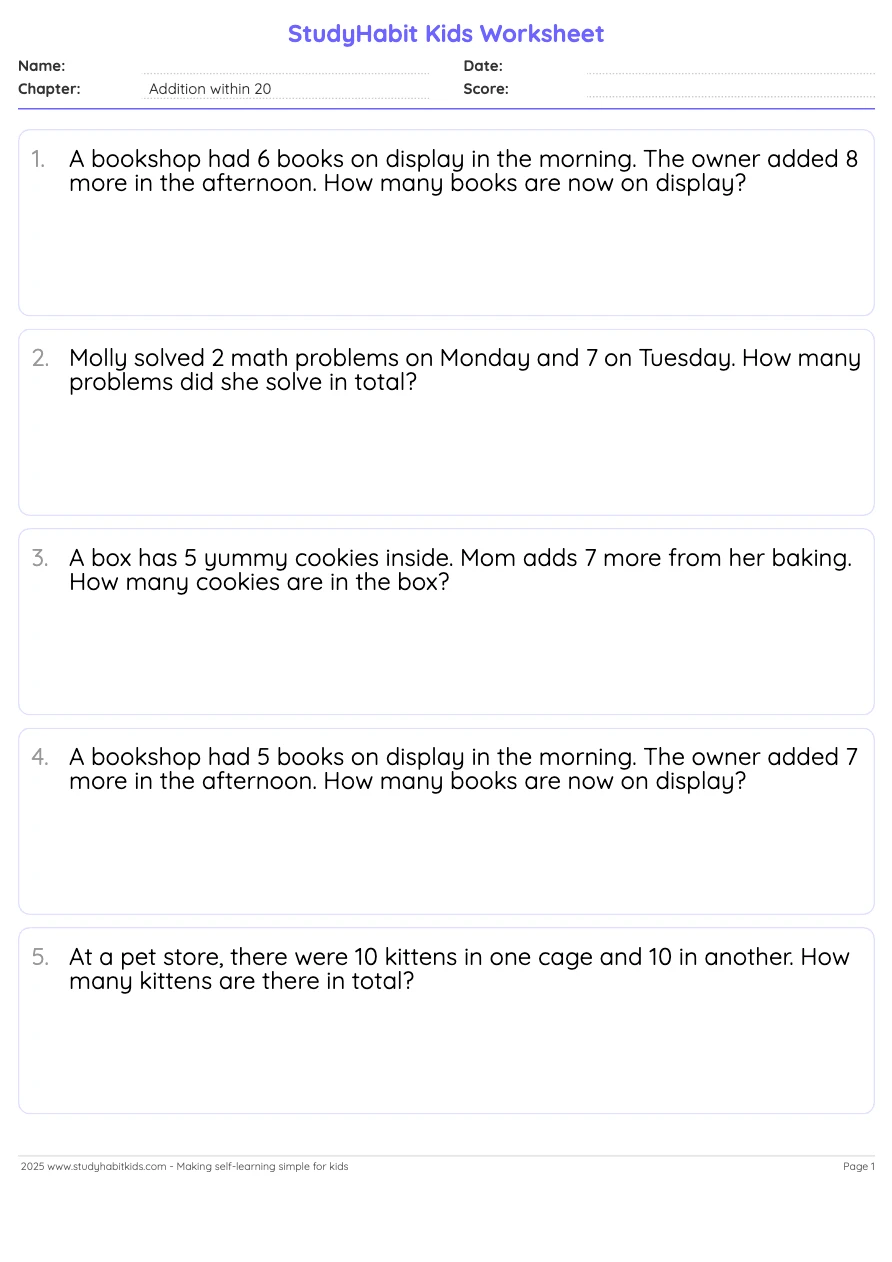 First Grade Word Problems Addition within 20 worksheet preview - Free ...