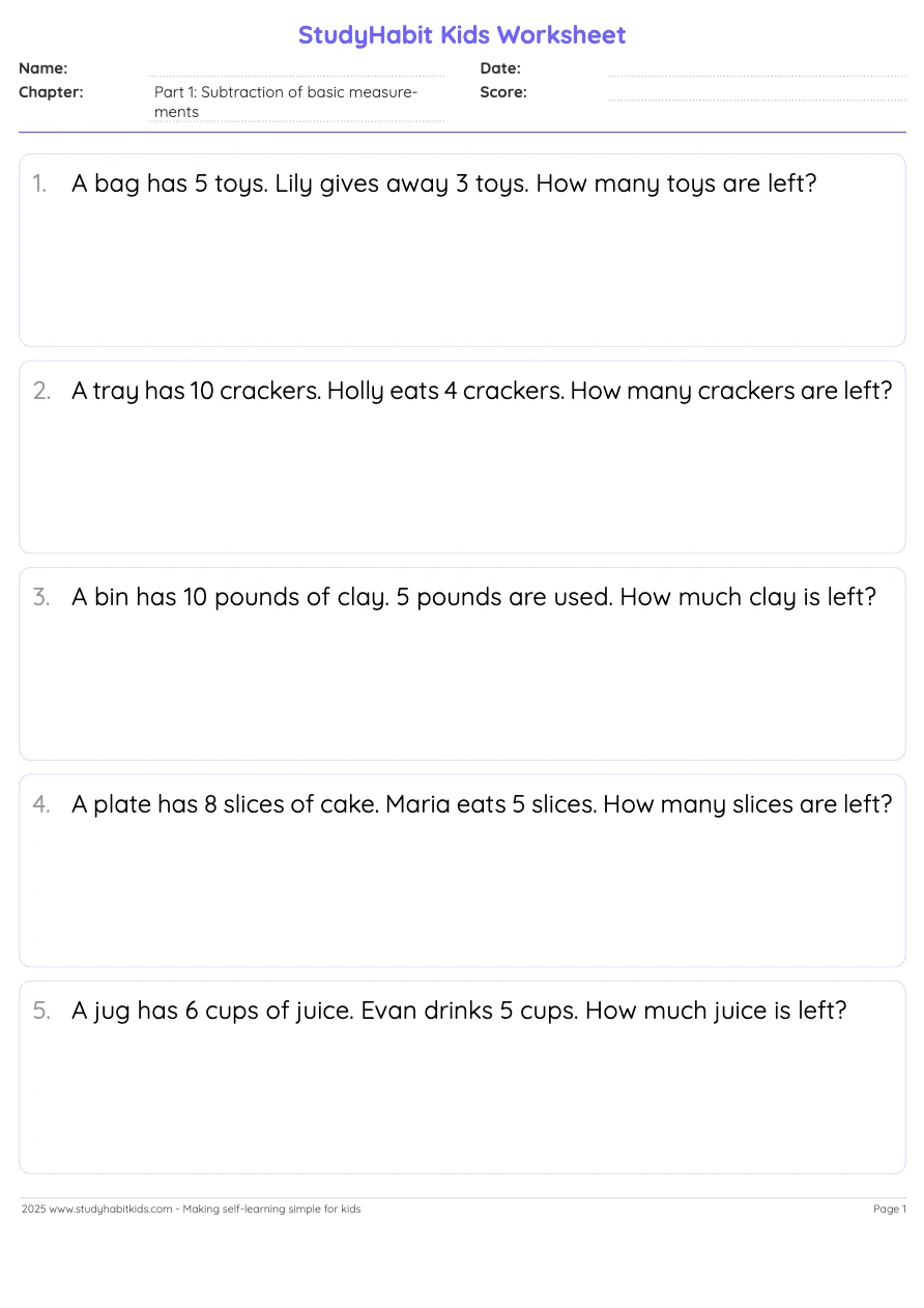 First Grade Word Problems Subtraction of basic measurements within 10 ...