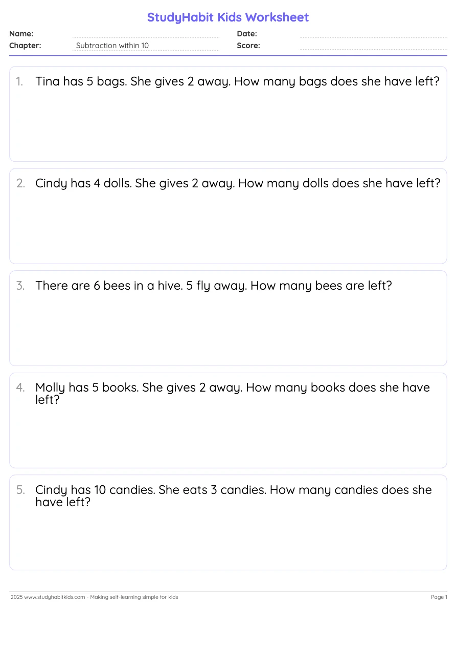 First Grade Word Problems Subtraction within 10 worksheet preview ...