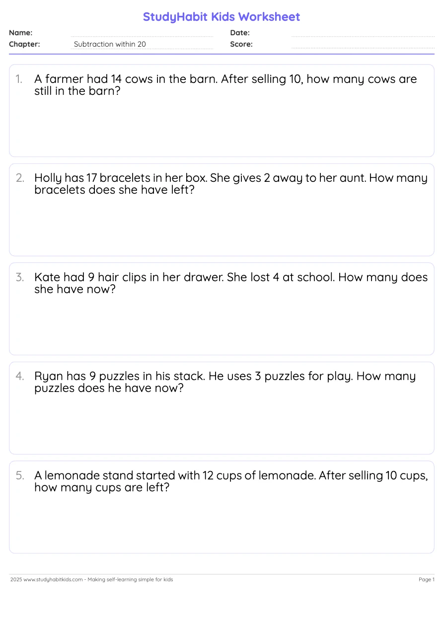 First Grade Word Problems Subtraction within 20 worksheet preview ...