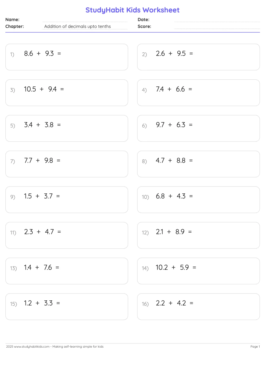 Fourth Grade Addition Addition of decimals upto tenths worksheet ...