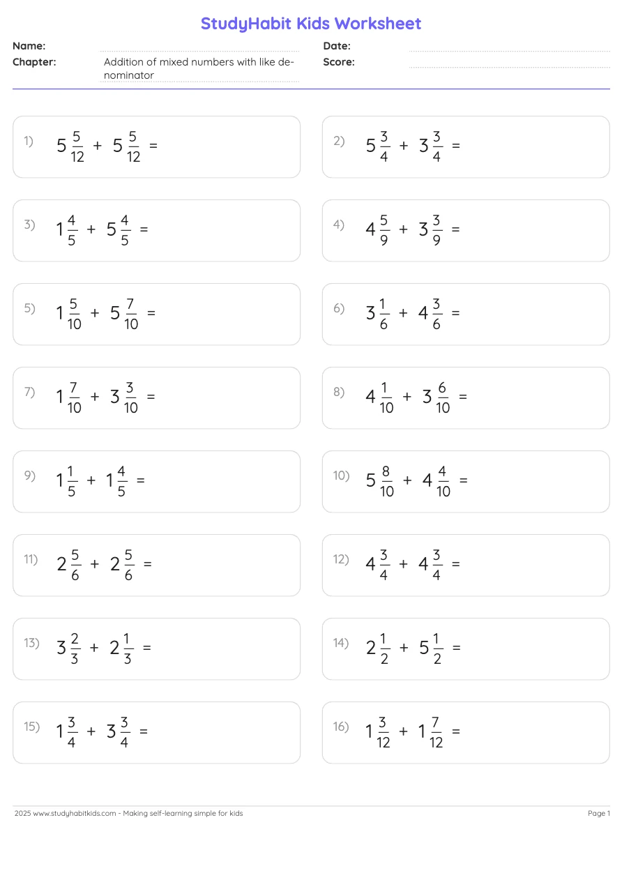 Fourth Grade Addition Addition of mixed numbers with like denominator ...