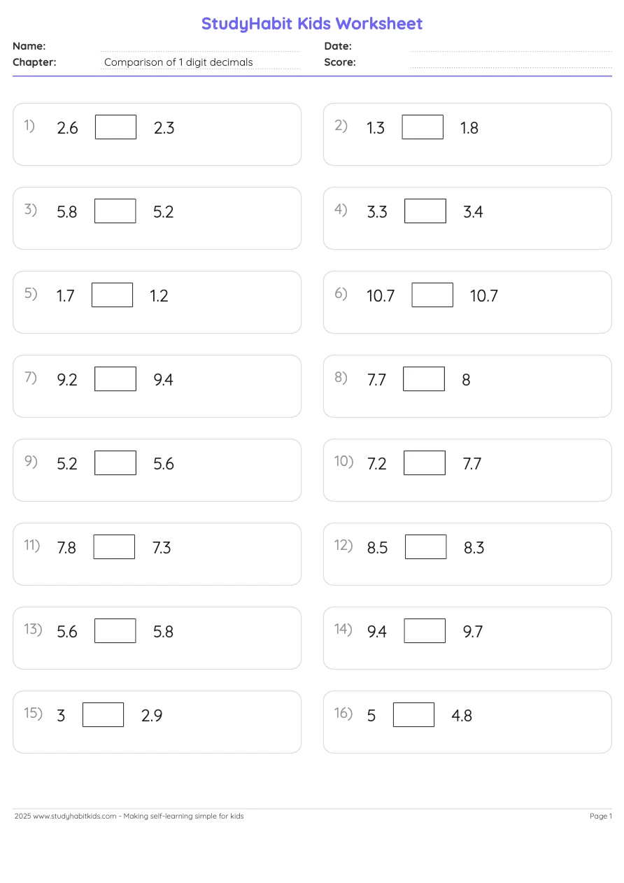 Fourth Grade Decimals Compare decimal numbers with up to 1 decimal ...