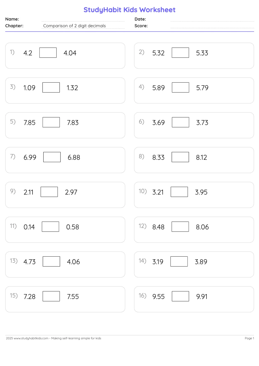 Fourth Grade Decimals Compare decimal numbers with up to 2 decimal ...