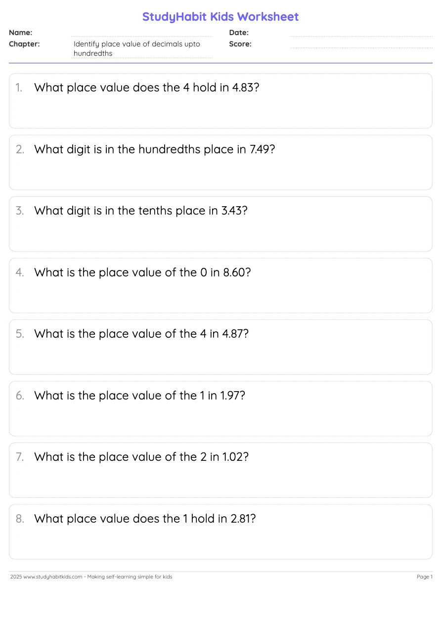 Fourth Grade Decimals Identify place value of decimals upto hundredths ...
