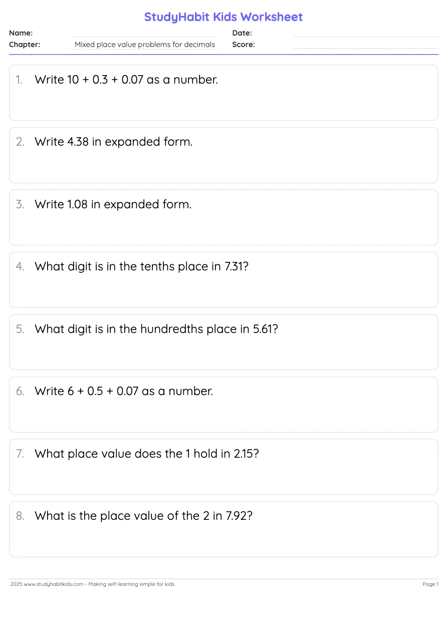 Fourth Grade Decimals Mixed place value problems for decimals worksheet ...