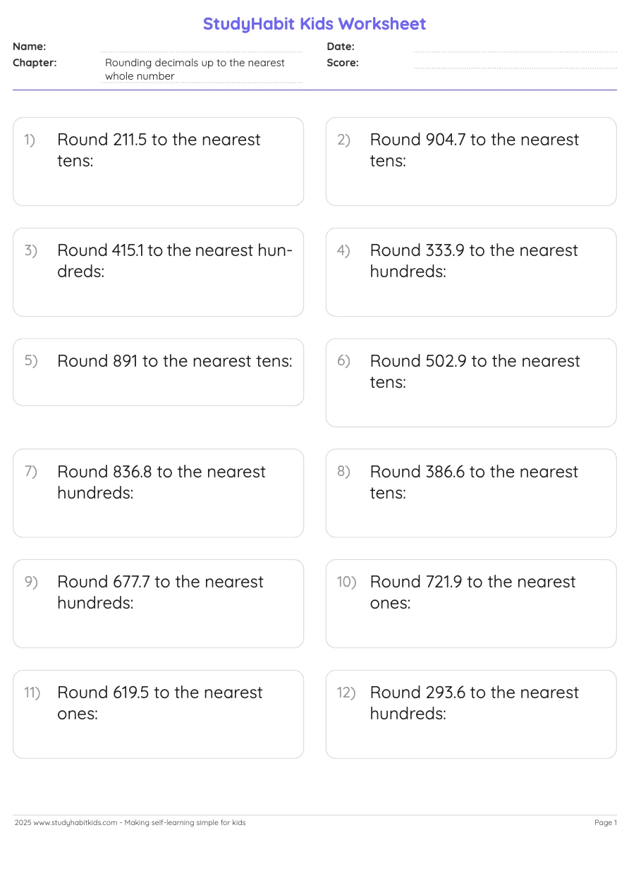 Fourth Grade Decimals Round decimal numbers up to nearest 100, 10 and ...
