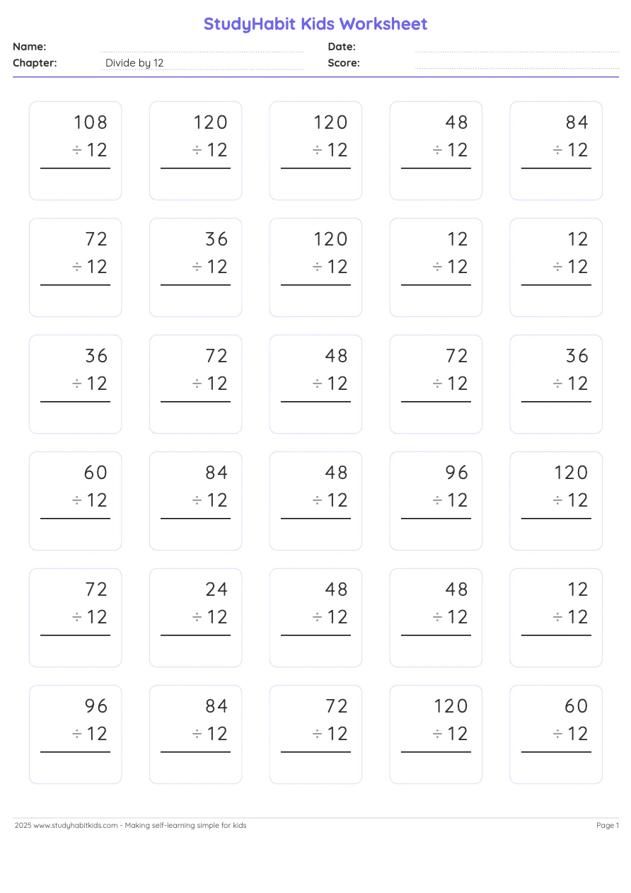 Fourth Grade Division Divide by 12 worksheet preview - Free printable ...