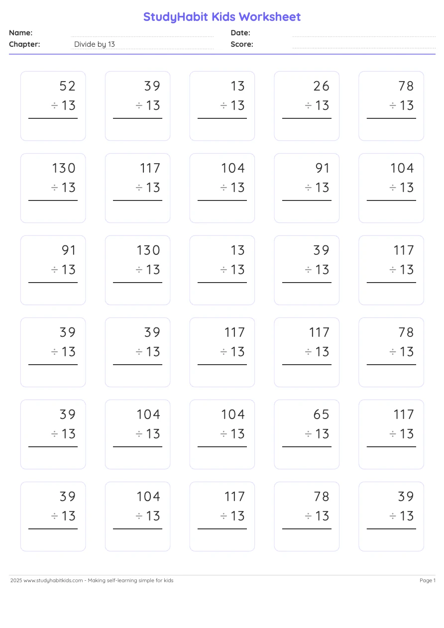 Fourth Grade Division Divide by 13 worksheet preview - Free printable ...