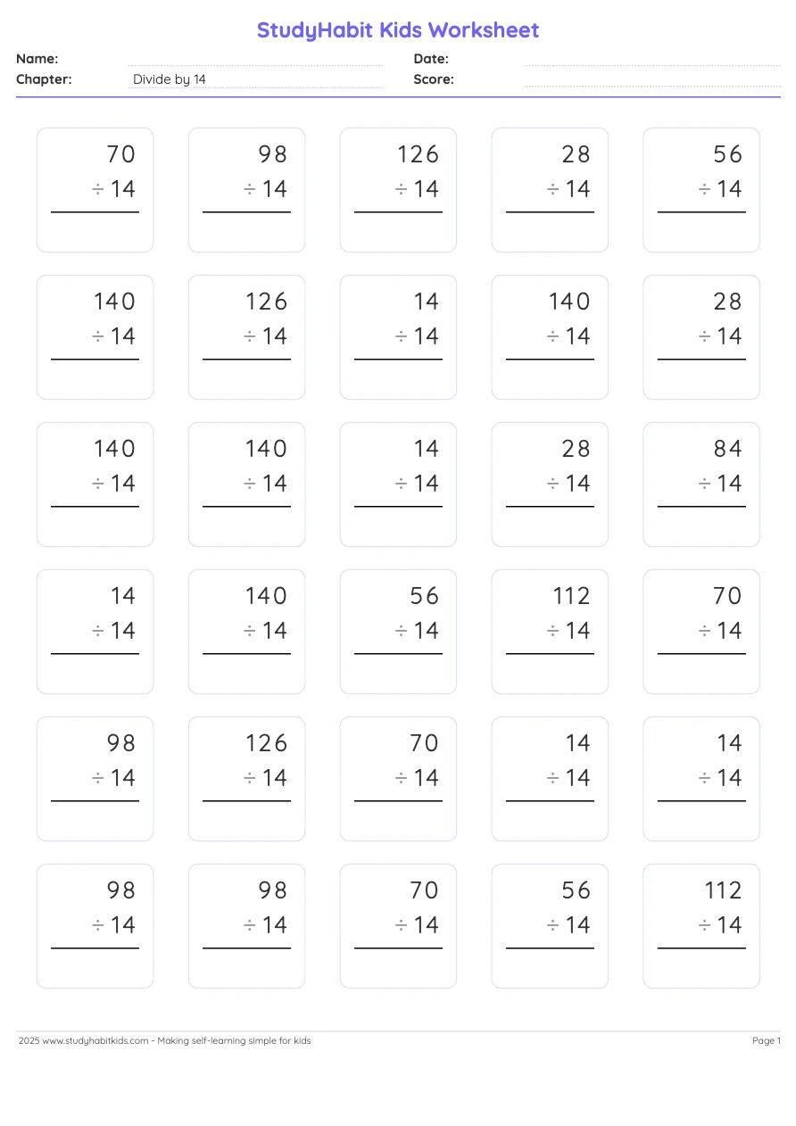 Fourth Grade Division Divide by 14 worksheet preview - Free printable ...