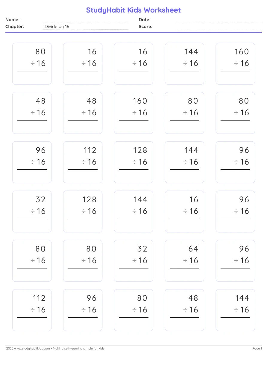 Fourth Grade Division Divide by 16 worksheet preview - Free printable ...