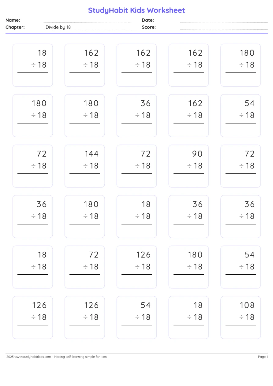 Fourth Grade Division Divide by 18 worksheet preview - Free printable ...