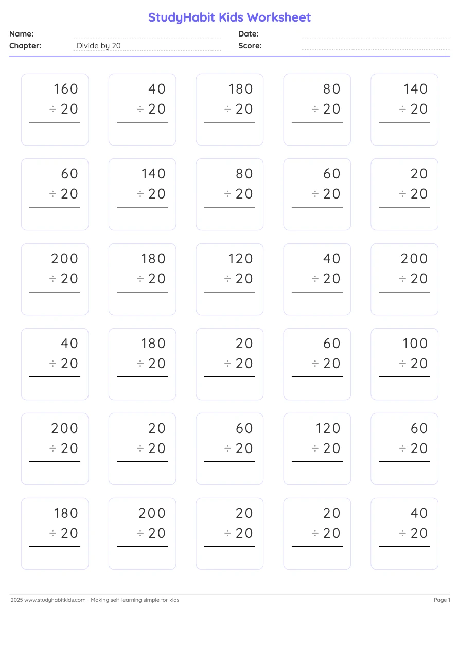 Fourth Grade Division Divide by 20 worksheet preview - Free printable ...
