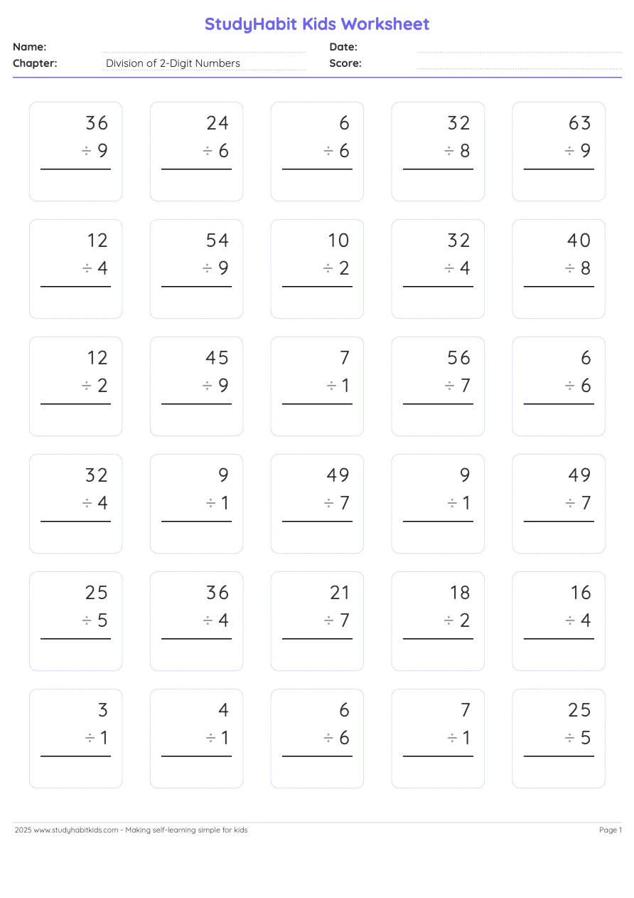 Fourth Grade Division Division of 2-Digit Numbers worksheet preview ...