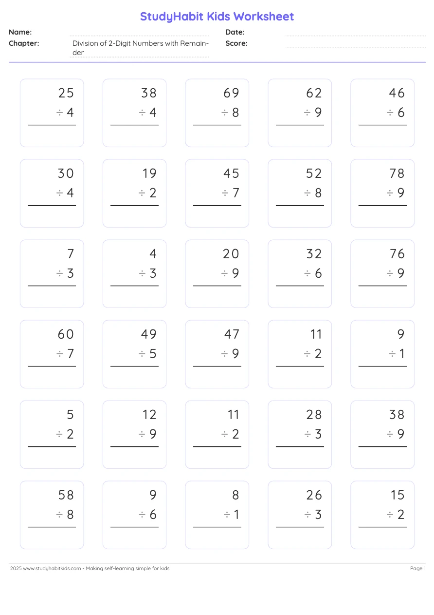 Fourth Grade Division Division of 2-Digit Numbers with Remainder ...