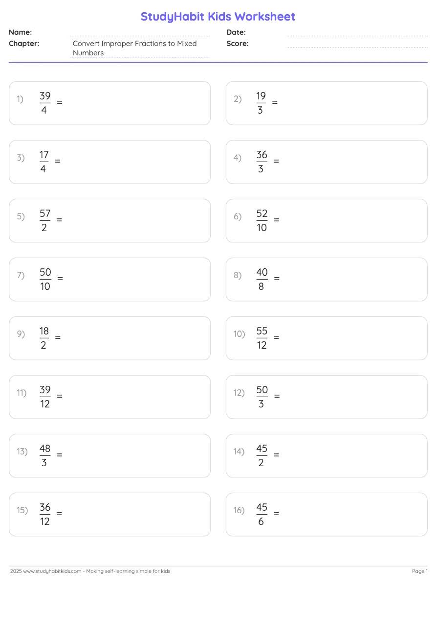 Fourth Grade Fractions Convert Improper Fractions to Mixed Numbers ...