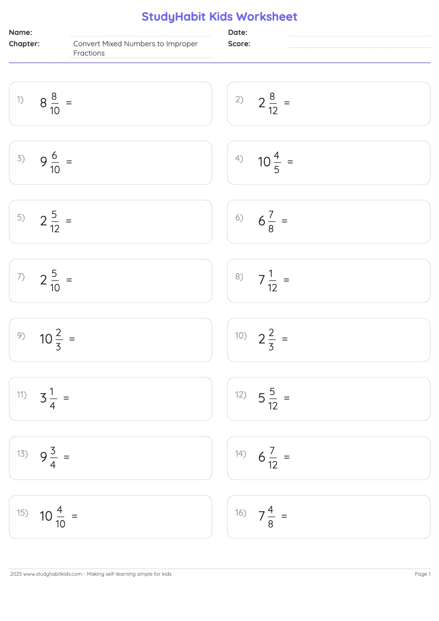 Fourth Grade Fractions Convert Mixed Numbers to Improper Fractions ...
